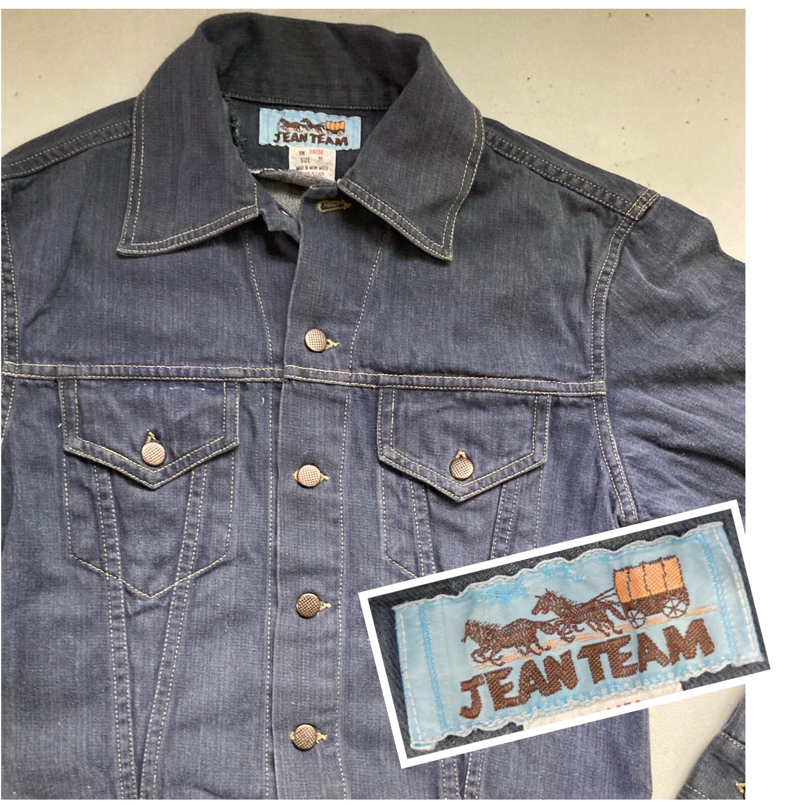 Vintage Jean Team M Denim Jacket Buttons Pockets Adju… - Gem