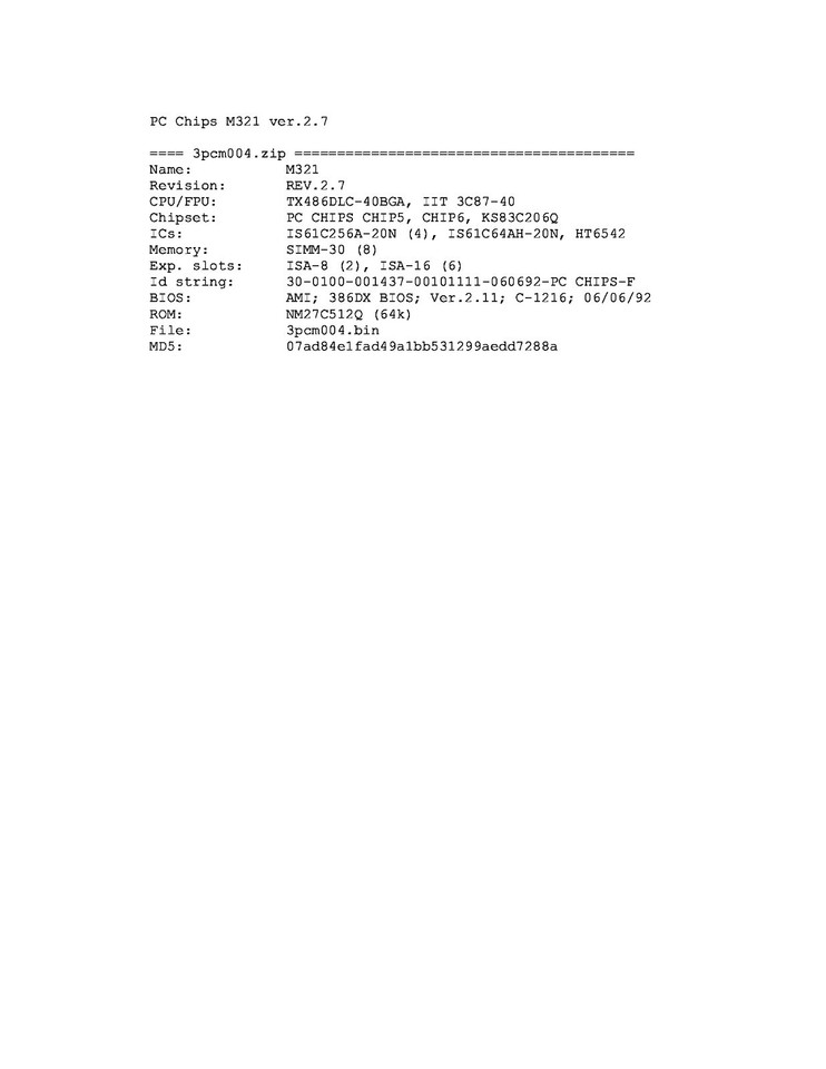 Motherboard PCChips M321 Rev.2.7 - AMI Bios 2.11 - CPU AMD 386DX40 ...