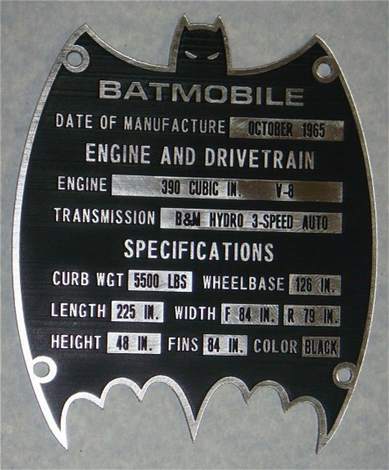 CUSTOM 1966 BATMOBILE SERIAL DATA PLATE BATMAN TV SERIES | eBay