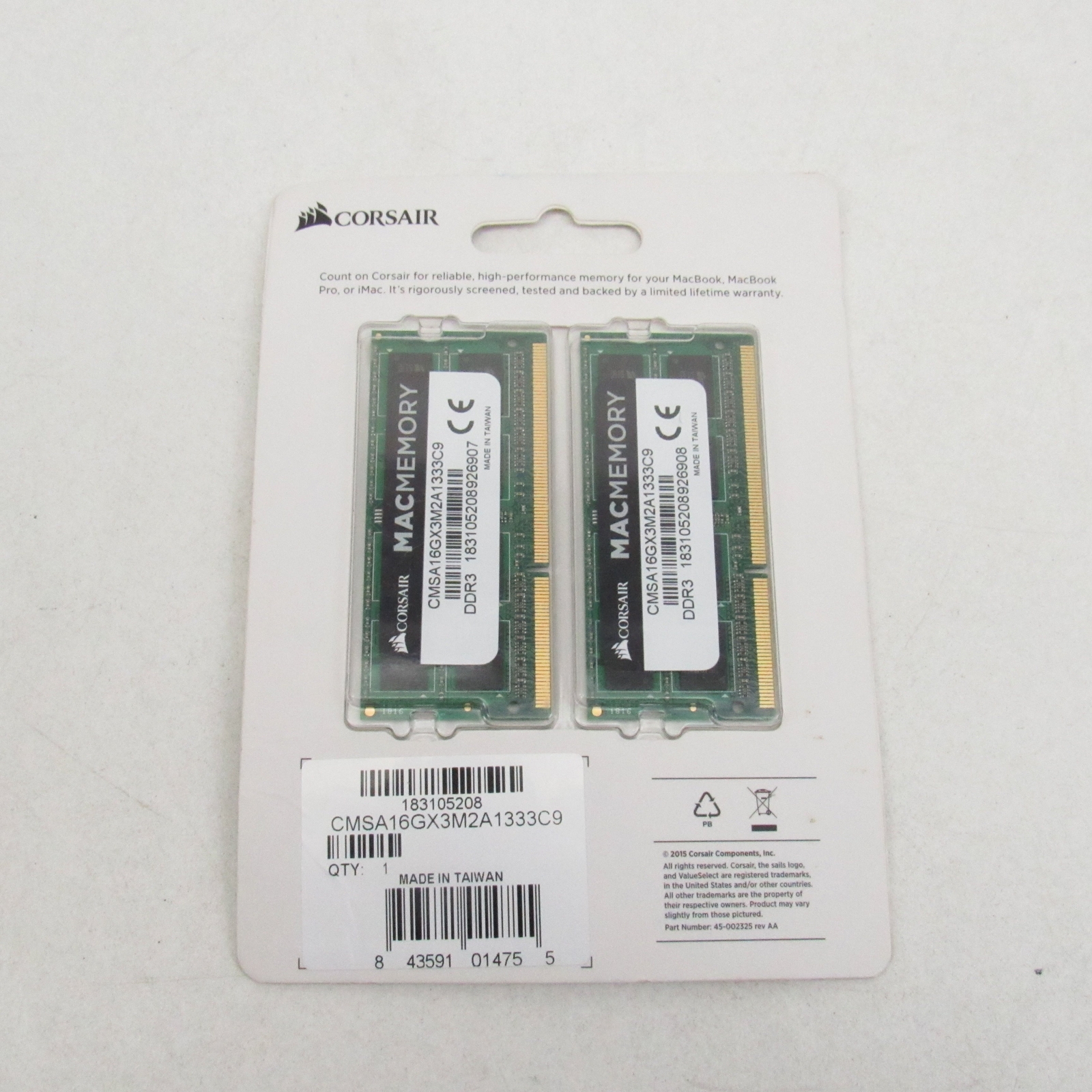 Corsair PC3-10600 8GB SO-DIMM 1333 MHz PC3-10666 DDR3 SDRAM Memory (CMSA16GX3M2A1333C9) for sale ...