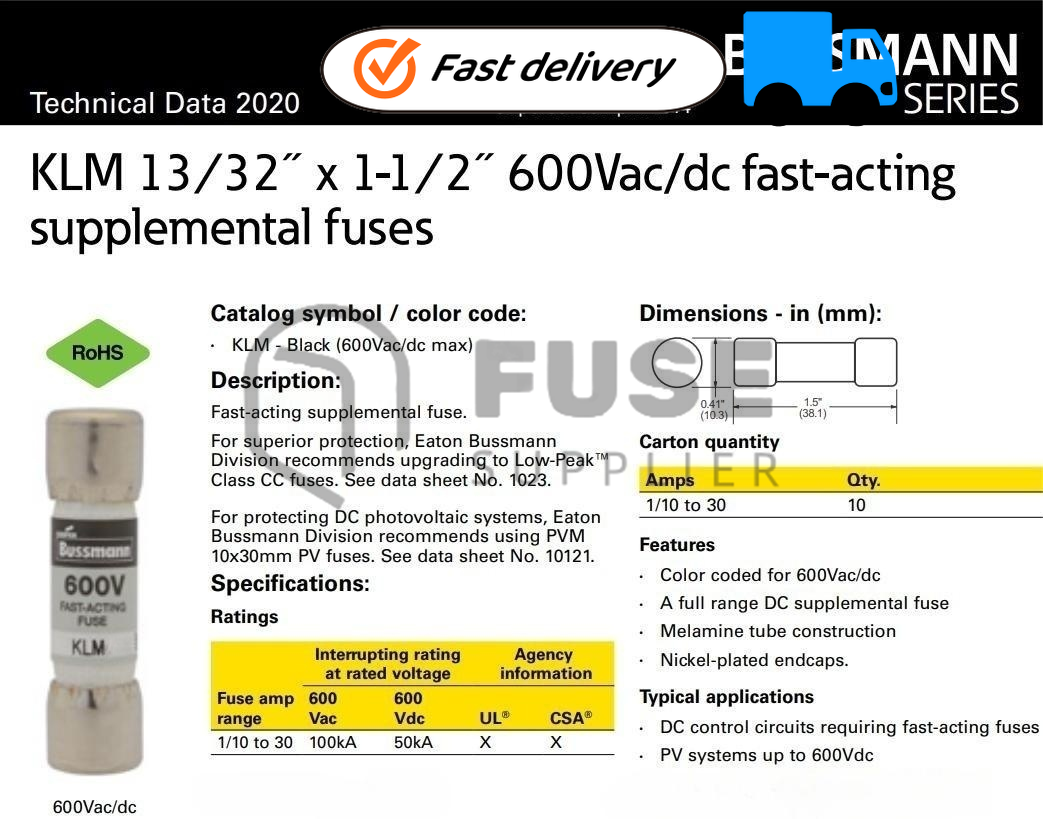 1PC New Eaton Bussmann KLM-6 6A 600V Fast-acting Supplemental Fuse | eBay