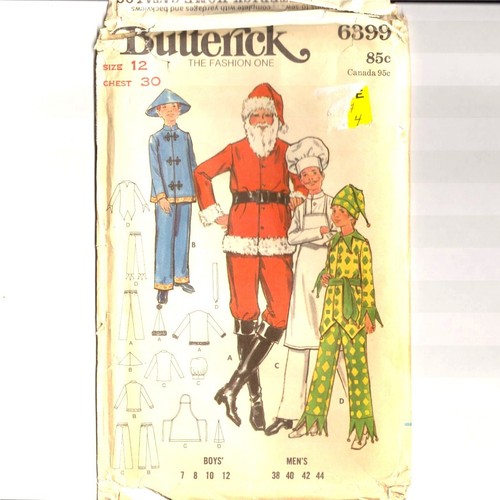 Butterick 6399 Size 12 Chest 30 Santa Costume Chief Elf Vintage 60s/70s ...
