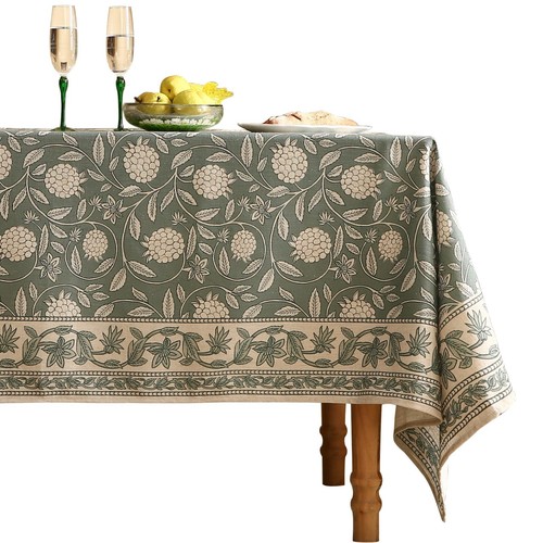 Designer Grayish Green Linen Extra Long Tablecloth Rectangle,Floral ...