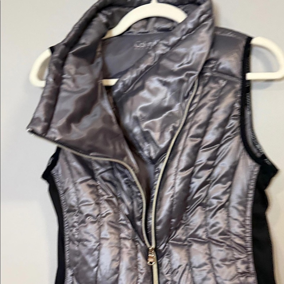 Calvin Klein Shiny Silver Puffer vest cross zipper and gold hardware | eBay