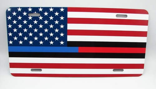 THIN BLUE & RED LINE AMERICAN FLAG METAL CAR LICENSE PLATE. POLICE ...