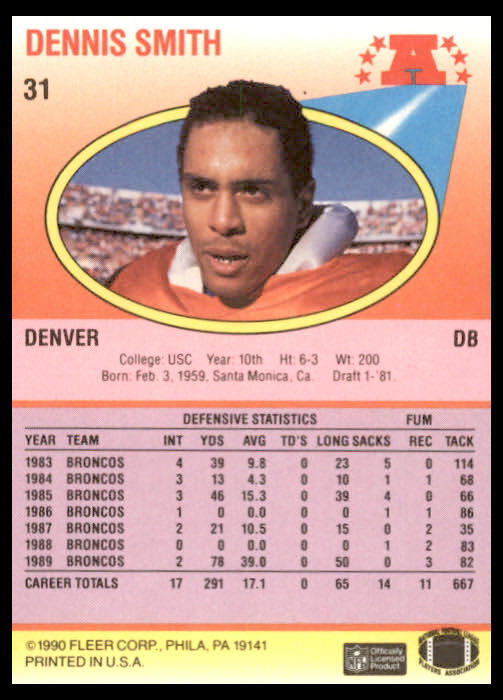 1990 Fleer #31 Dennis Smith Denver Broncos | eBay