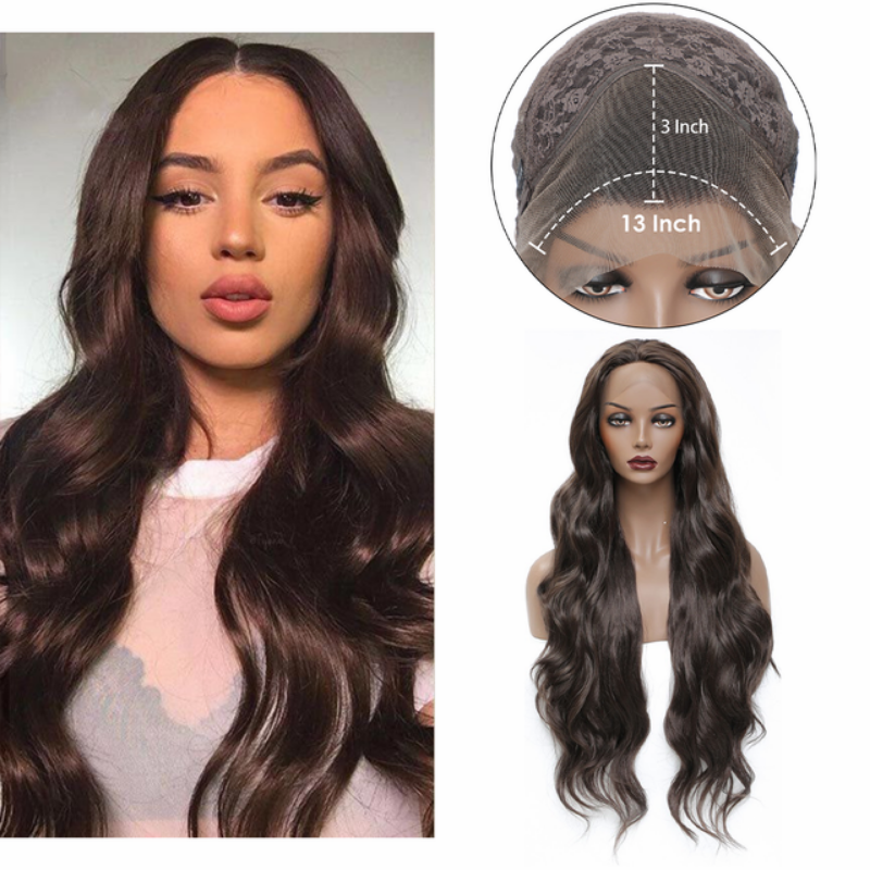Synthetic Free Part Lace Wig 28in Long Body Wavy Dark Brown Daily Wigs ...