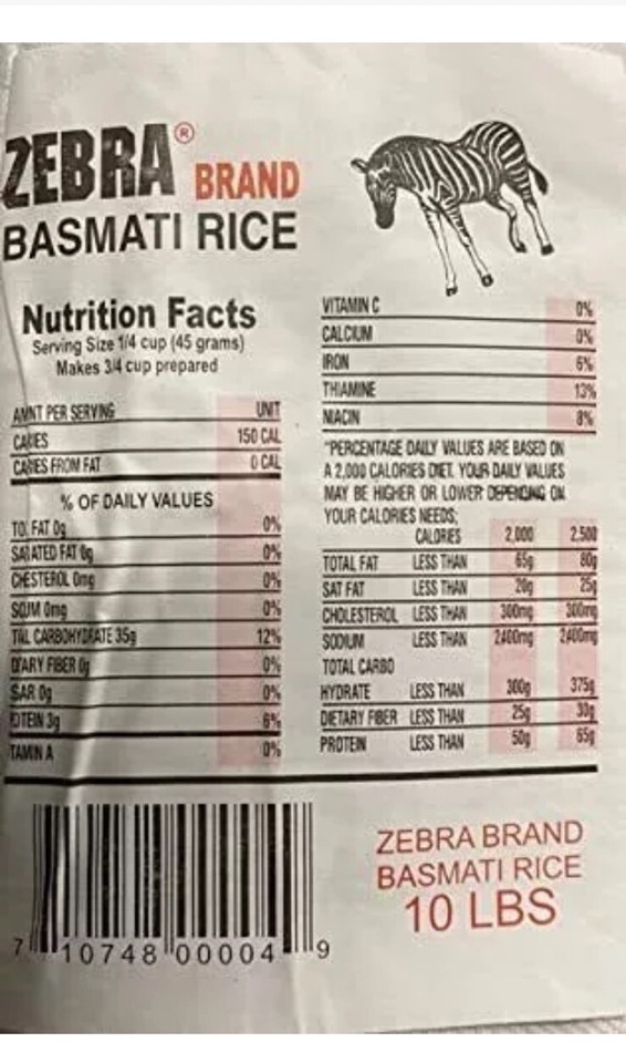 Naturally Aromatic Zebra Basmati Rice Extra Long Kernel 10 Lb Bag - NET ...