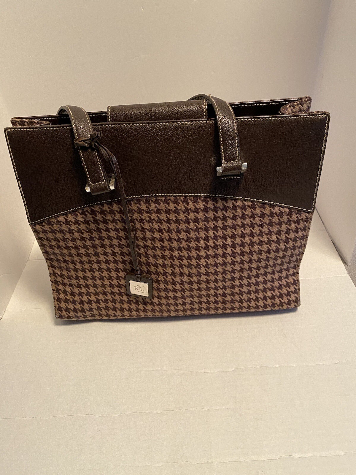 VINTAGE Lauren By Ralph Lauren Brown Houndstooth Purse W Logo Charm ...
