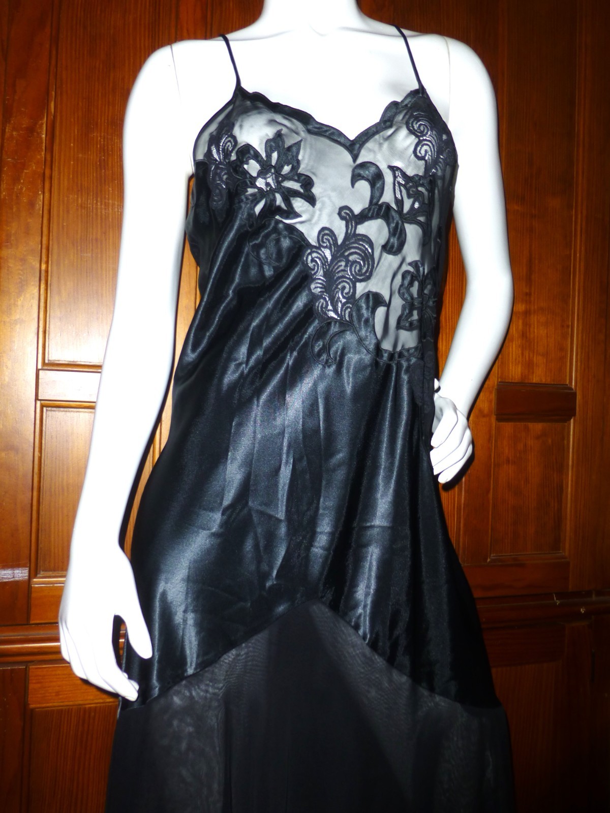 Vtg NATORI Black Sheer Lace Glossy Satin Low Back Boudoir dress Slip ...