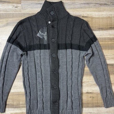 PJ Paul Jones Cable Knit Cardigan Sweater Mens Large Gray Black | eBay