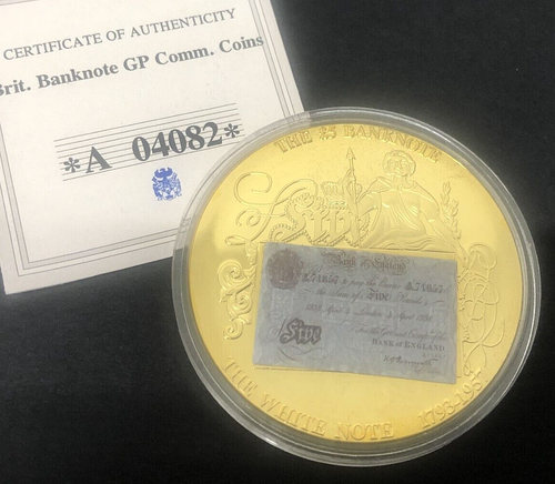 24ct Gold Plated White £5 banknote Commemorative Strike Collectors Coin ...