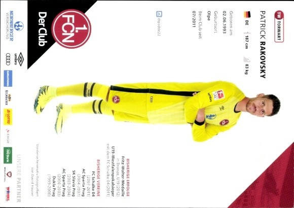 Autogrammkarte Fußballer Patrick Rakovsky, 1. FC Nürnberg, Autogramm ...