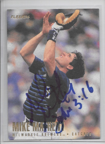 1996 Mike Matheny In Person Autograph Baseball Card 152 Milwaukee ...