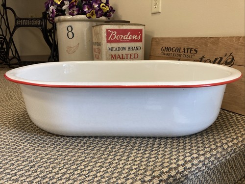 Large Enamel Ware Tub Basin Oval Wash Bowl 27” White Red Baby Bath XL ...