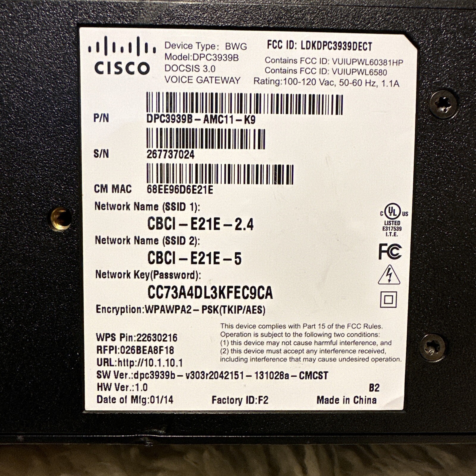 Cisco Comcast DPC3939B Business DOCSIS 3.0 Voice Gateway Modem NO Power ...