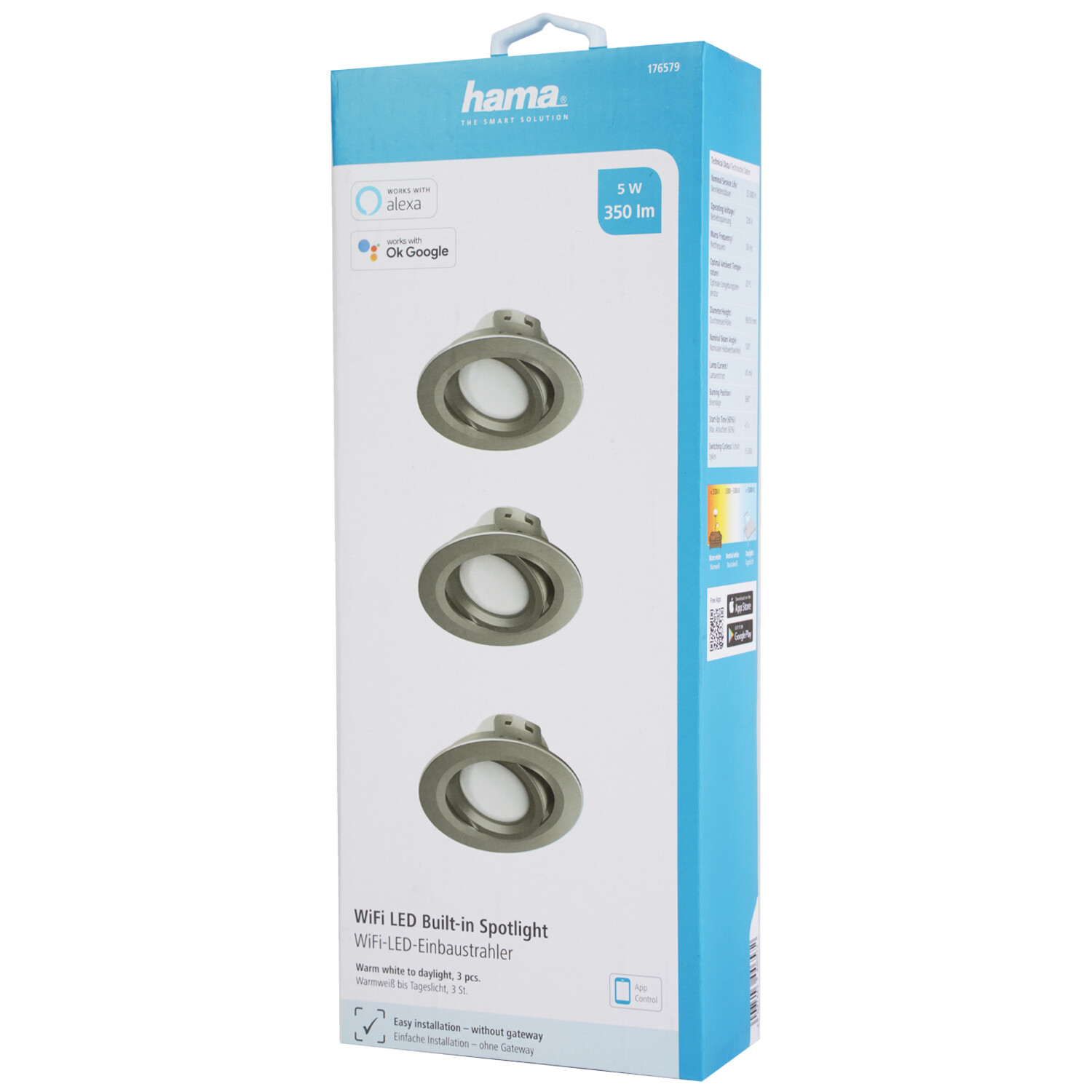 3x Hama WiFi LED Einbaustrahler 5W / 32W Nickel WLAN Einbauspot App ...