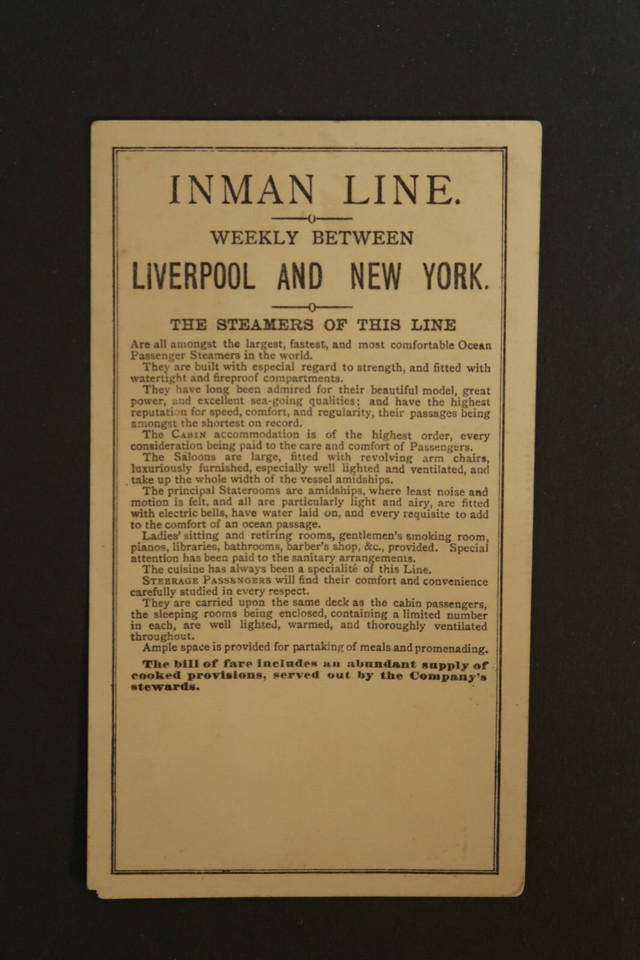 Inman Line VTG Trade Card 6" Royal & United States Mail Steamers John ...