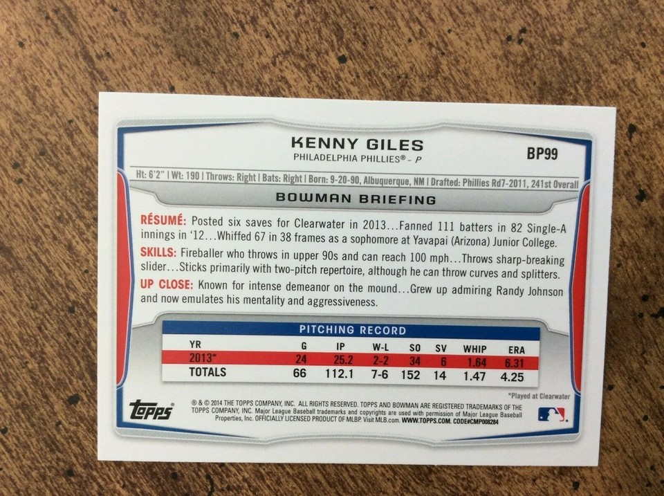 2014 Bowman Prospects #BP99 Kenny Giles - Philadelphia Phillies nm | eBay