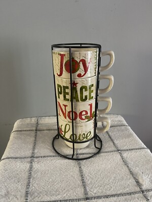 Pier 1 One Stacking Stackable Mugs Cups Set Of 4 Christmas Metal ...