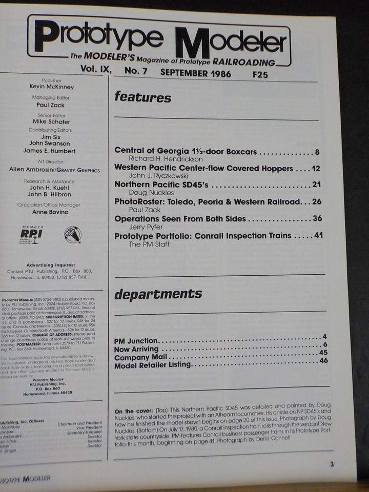 Prototype Modeler 1986 September NP Sd45 TP&W photo roster WP cnter ...