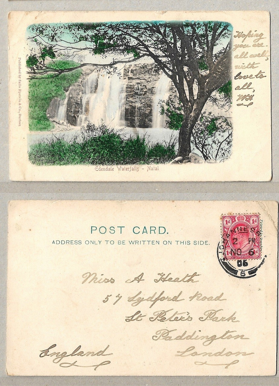 SOUTH AFRICA VINTAGE POSTCARD - STAMP 1906 EDENDALE WATERFALLS - NATAL ...
