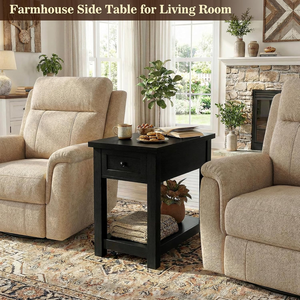 Farmhouse End Table with Charging Station - Narrow Side Table with ...