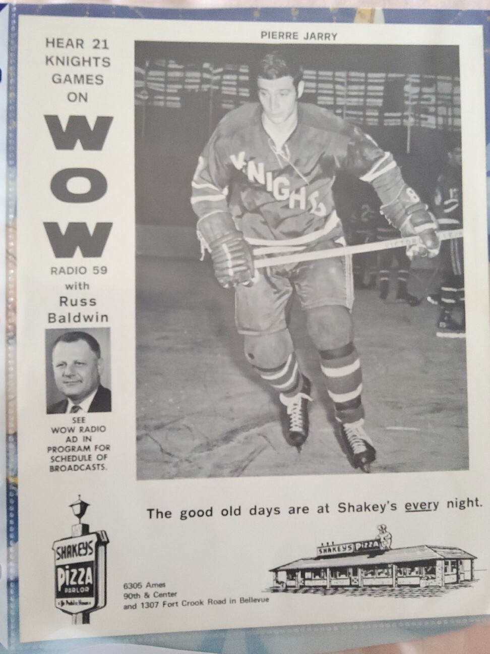 1969-70 Omaha Knights Hockey Shakey's Pizza Pierre Jarry Photo Rare See ...