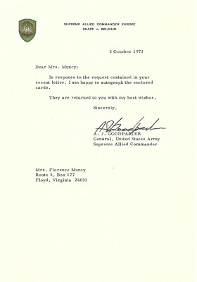 General Andrew J. Goodpaster Vintage Typed Letter Signed 1973 NATO ...