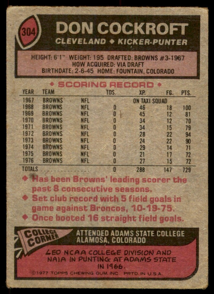 1977 Topps Don Cockroft #304 Cleveland Browns 8xPTFb FREE SHIPPING | eBay
