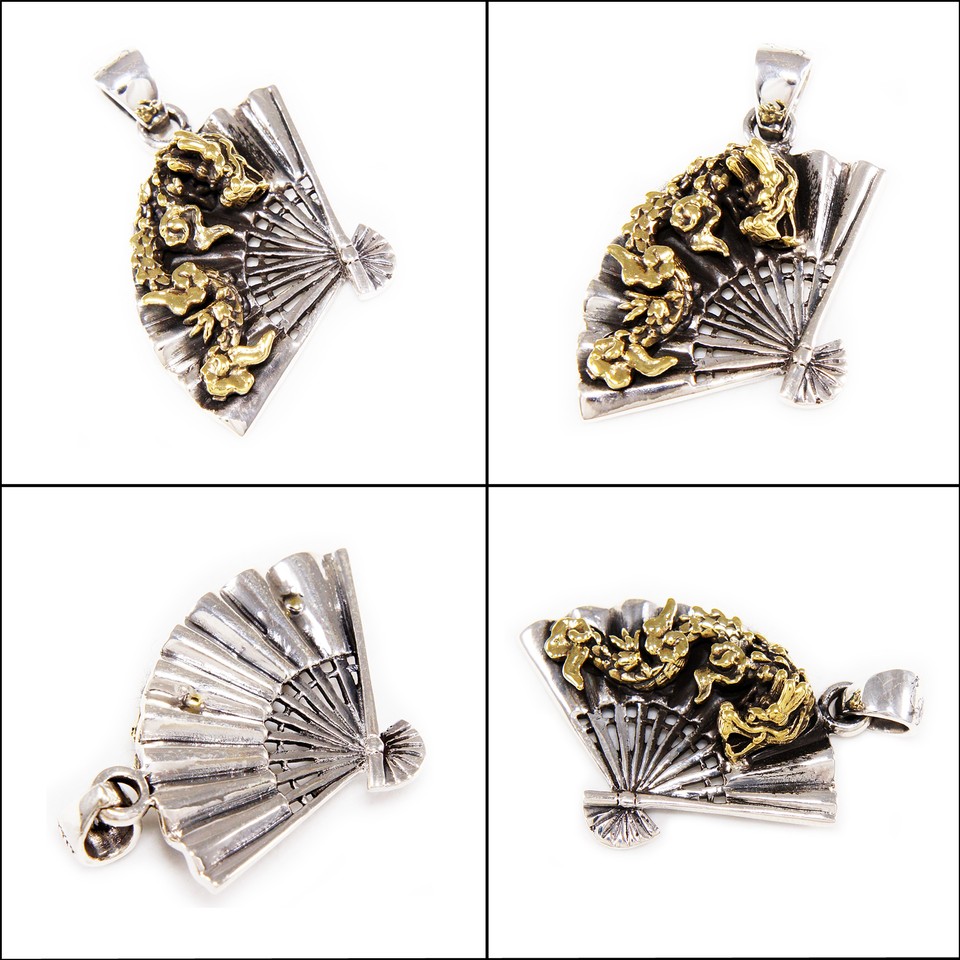 JAPANESE DRAGON FAN 925 STERLING SILVER ROCKABILLY BRASS BIKER PENDANT ...
