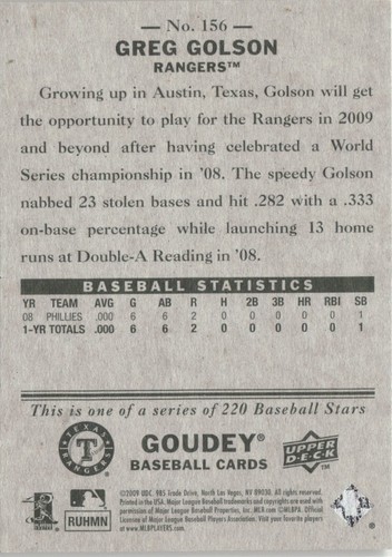 2009 Upper Deck Goudey Greg Golson Rookie Texas Rangers #156 | eBay