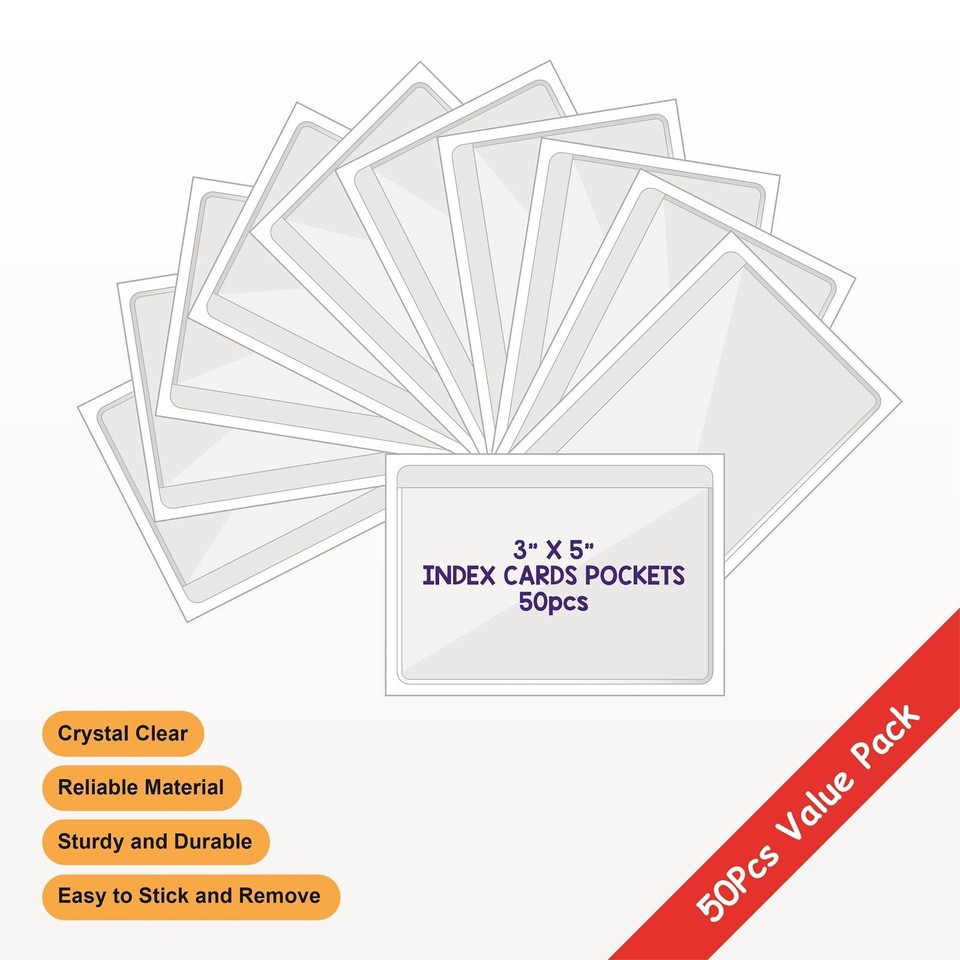 Clear Adhesive 3" x 5" Index Card Pockets With Top Open Loading, 50 ...