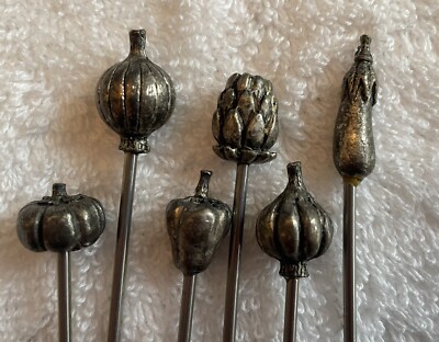 Set Of 6 Metal Cocktail Picks Forks Vegetable Shapes Tapas Charcuterie ...