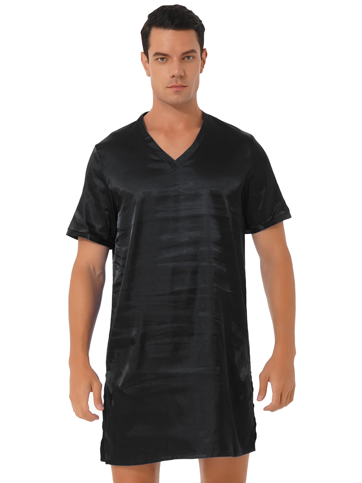 Men's Satin Nightgown Side Split Night Shirt V Neck Pajamas Nightrobe ...