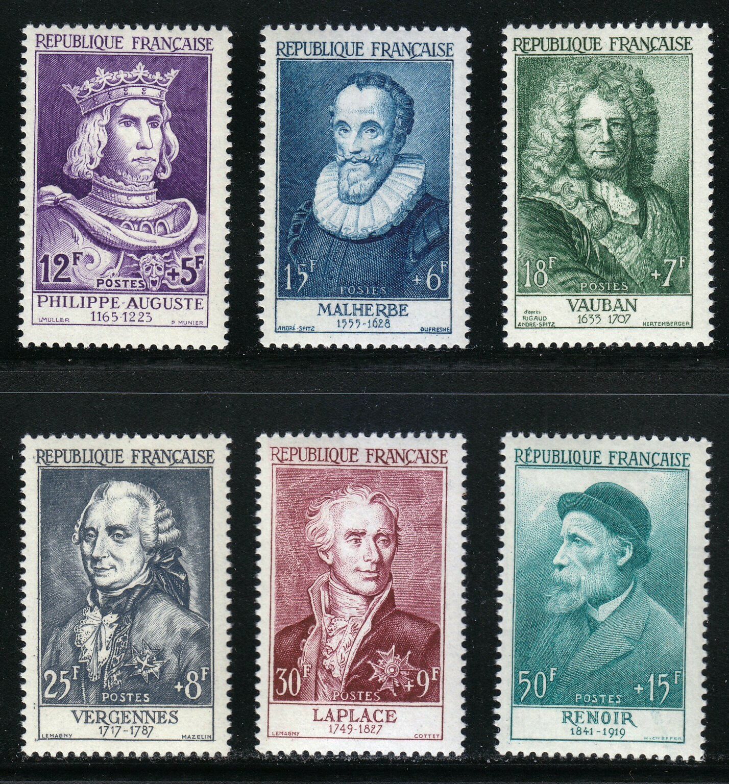 France 1955 MNH Mi 1053-1058 Sc B294-B299 Famous Frenchmen.Portraits ...