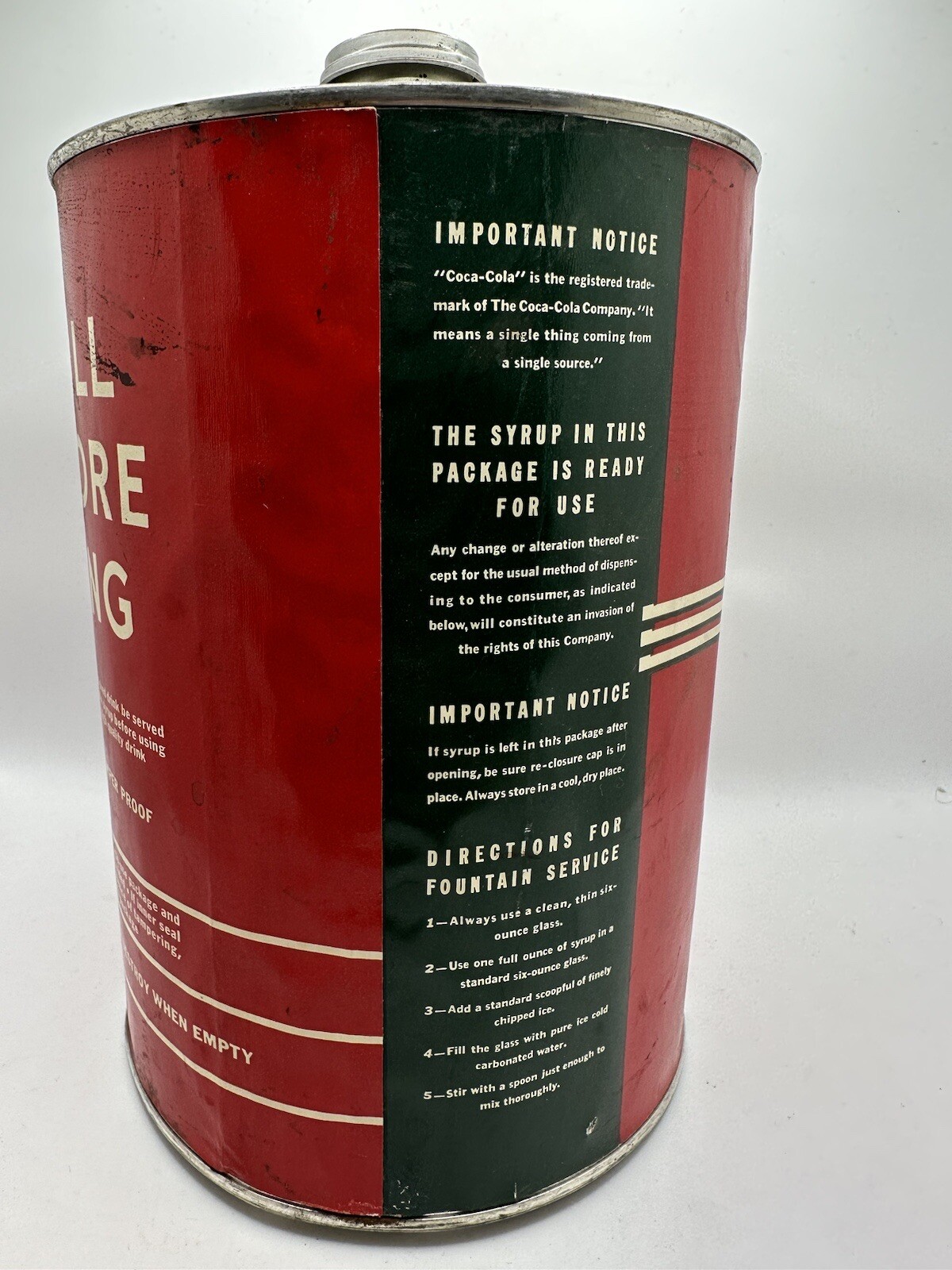 Rare! Vtg 30s COCA COLA 1 GALLON SYRUP METAL CAN PAPER LABEL RED WHITE ...