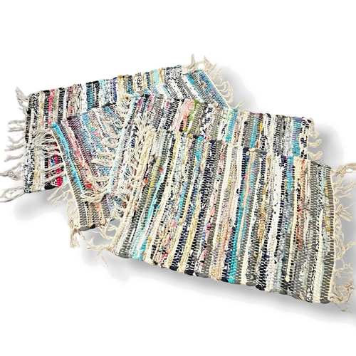 FOUR Rag Rug Style Placemats Woven Knotted Fringed Boho Artsy Farmhouse ...