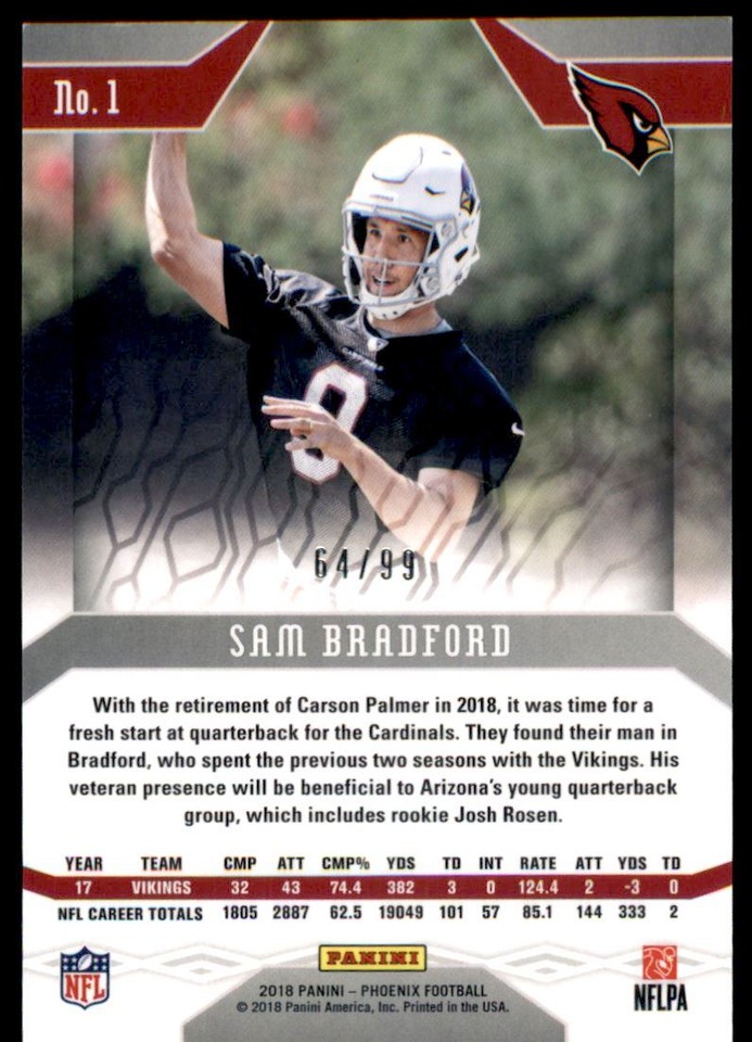 2018 Panini Phoenix Orange #1 Sam Bradford /99 | eBay