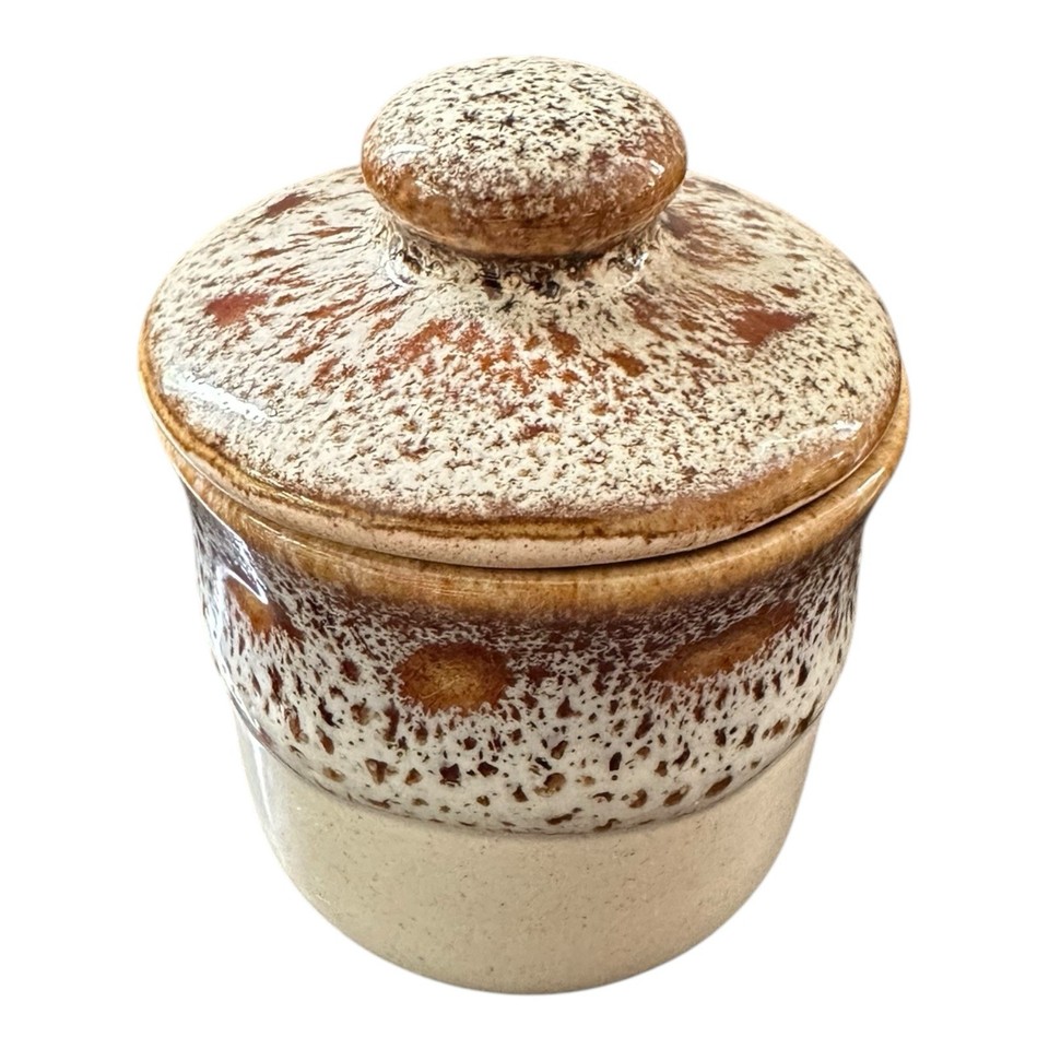 Vintage Fosters Pottery Mustard Pot Jar Spoon Brown Blonde Drip Glaze ...