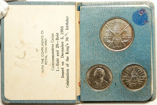 1963 THAILAND King Rama IX Crown Silver 20 BAHT & 2 1 BAHT 3 Coin SET ...