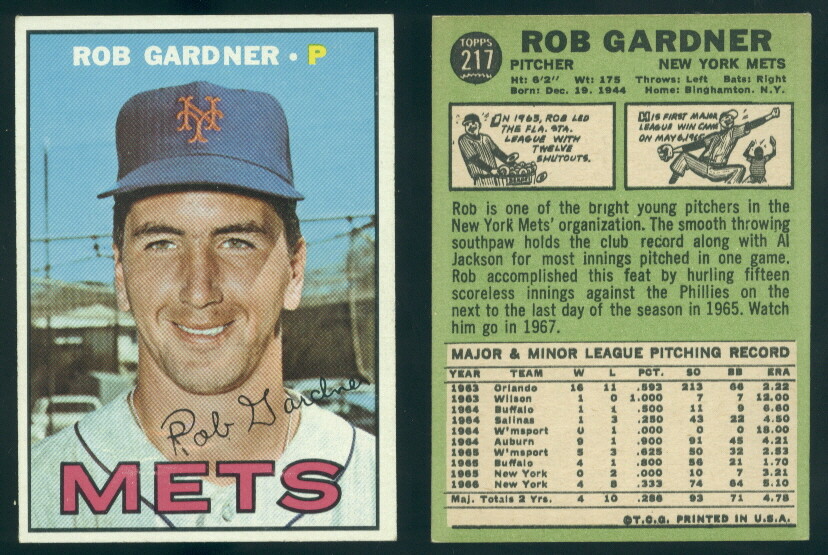 (64739) 1967 Topps 217 Rob Gardner Mets-EM | eBay