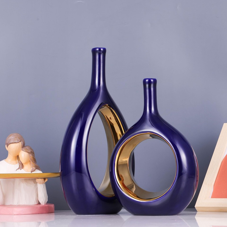 Blue Gold Ceramic Vase Set 2,Modern Hollow Circle with Hole Flower Vase ...