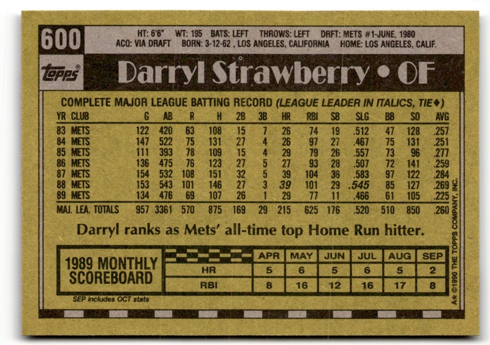 Darryl Strawberry 1990 Topps #600 New York Mets | eBay