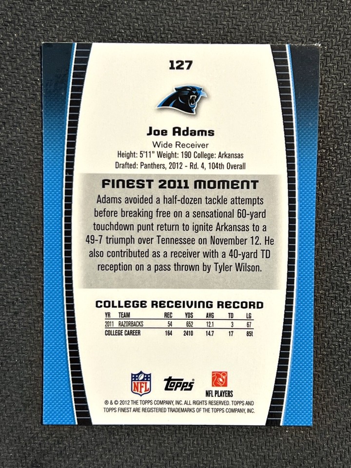 2012 Topps Finest Football Joe Adams Carolina Panthers Rookie Card RC ...