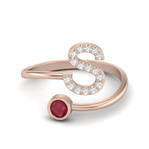 S Initial Letter Ruby Glass Filled Adjustable Front Open Ring 14k Rose ...