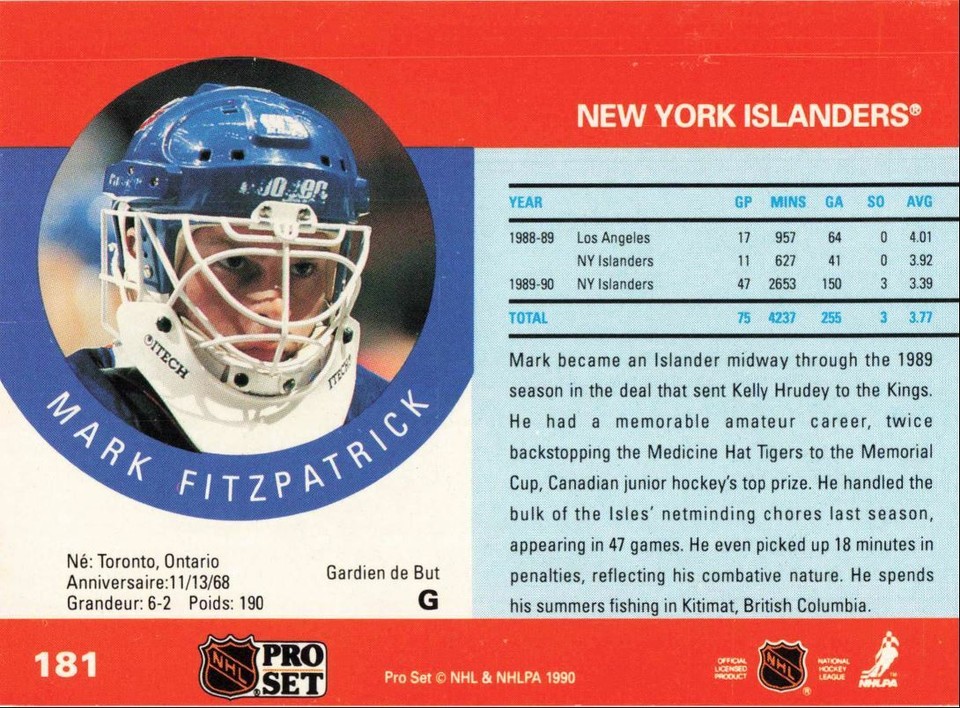 1990-91 Pro Set Hockey Rookie Card Mark Fitzpatrick New York Islanders ...