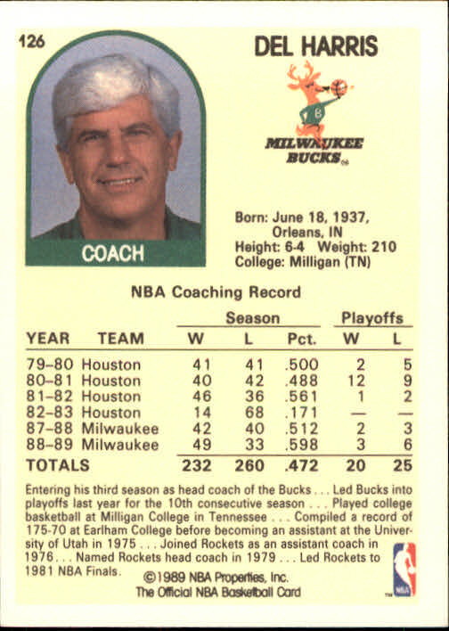 1989-90 Hoops Milwaukee Bucks Basketball Card #126 Del Harris CO | eBay