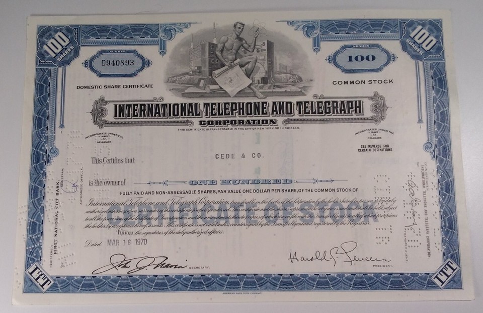 ITT Stock Certificate Vtg 1970 Nude Scientist White Plains NY Stamford ...