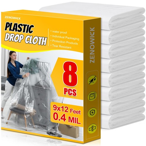 8 Pack Plastic Drop Cloth, 9x12 Ft Plastic Sheeting for Painting, Dust ...